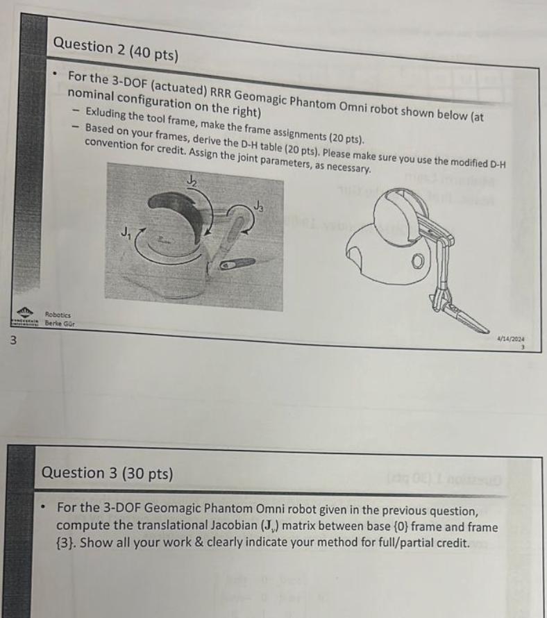 Solved Question 2 (40 ﻿pts)For the 3-DOF (actuated) ﻿RRR | Chegg.com