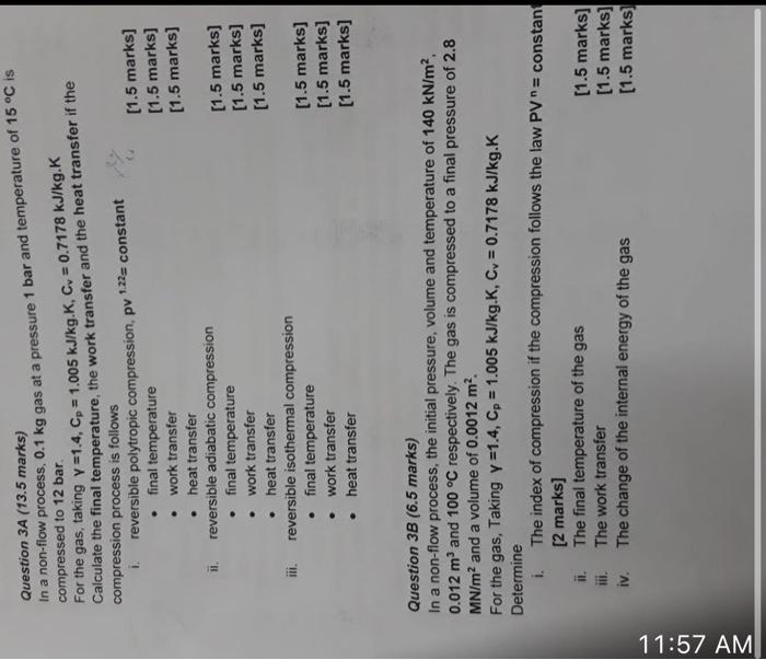 Solved Question 3A (13.5 marks) In a non-flow process, 0.1 | Chegg.com