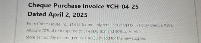 Cheque Purchase Invoice \#CH-04-25 Dated April 2, | Chegg.com