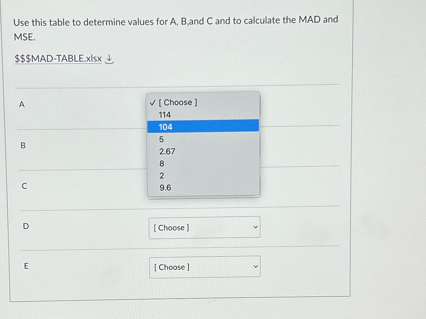 Solved Use this table to determine values for A, ﻿B, ﻿and C | Chegg.com