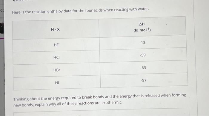 Solved Here is the reaction enthalpy data for the four acids | Chegg.com