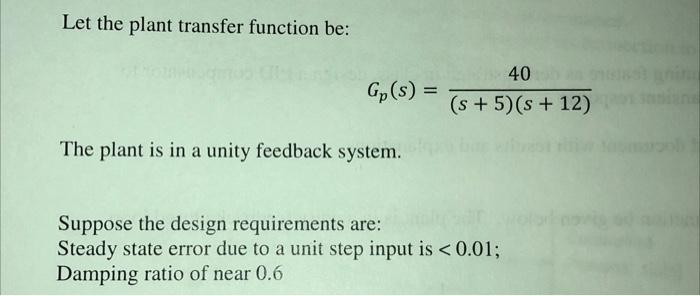Let the plant transfer function be: | Chegg.com