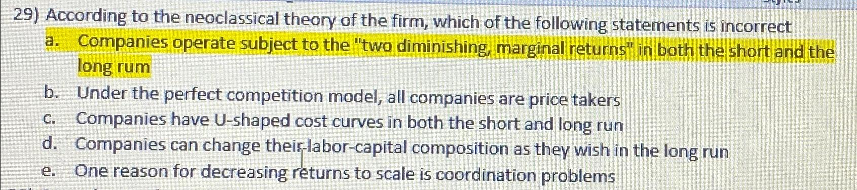Solved According to the neoclassical theory of the firm, | Chegg.com
