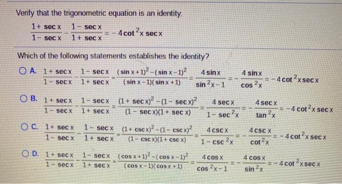 Solved Verify that the trigonometric equation is an | Chegg.com