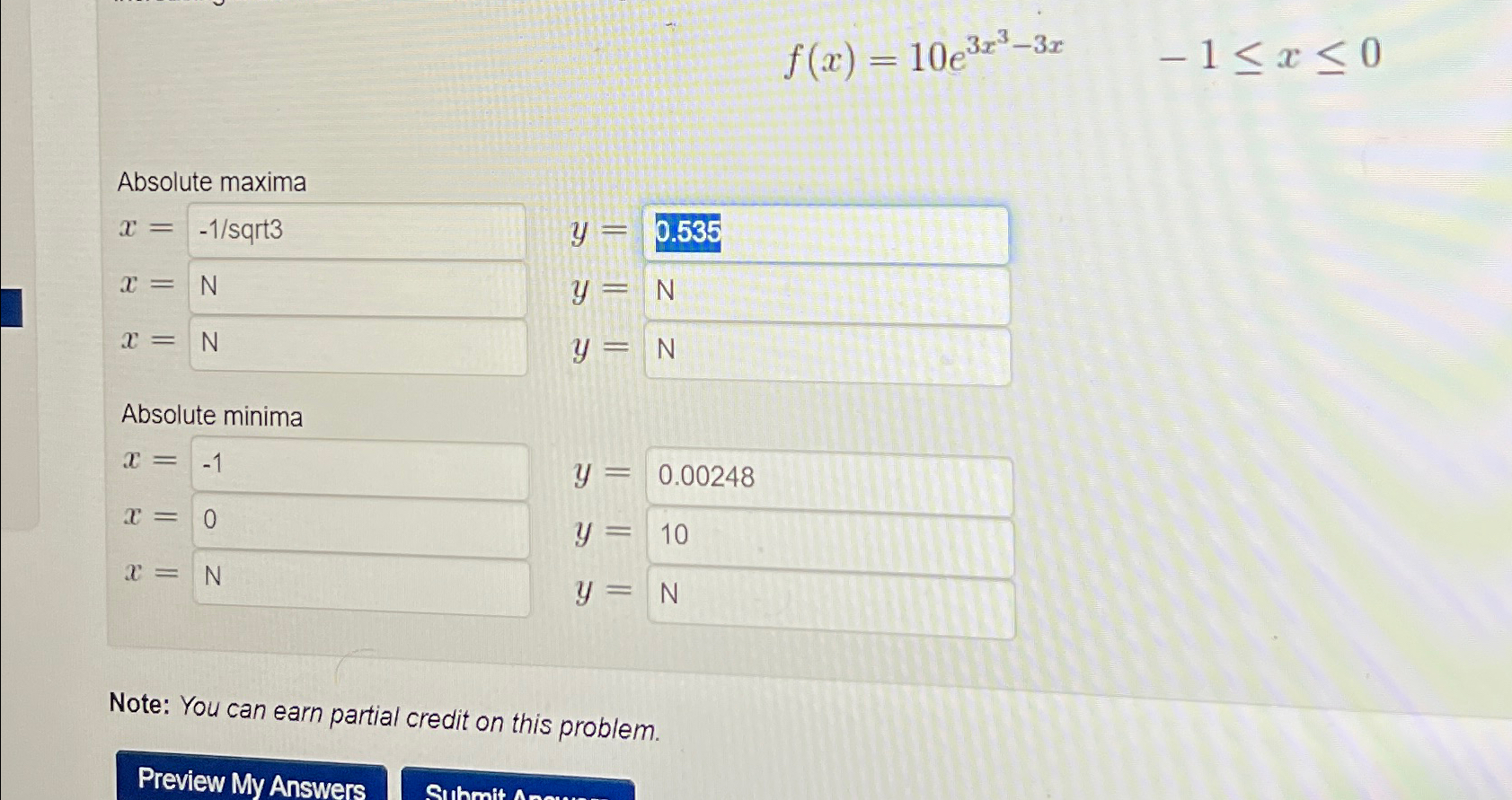 Solved f(x)=10e3x3-3x,-1≤x≤0Absolute | Chegg.com