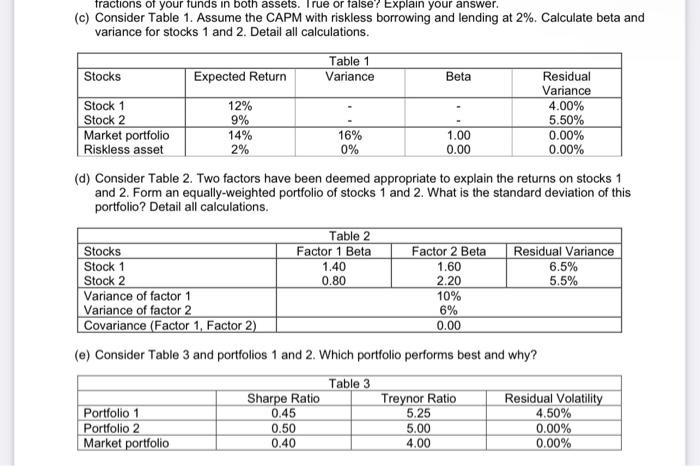 (c) Consider Table 1. Assume the CAPM with riskless | Chegg.com