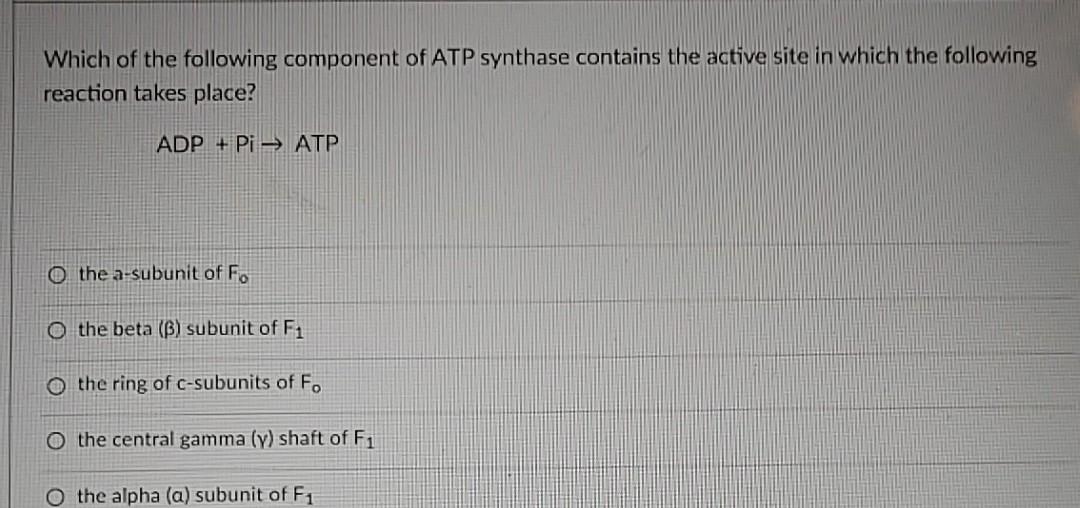 Solved Which of the following component of ATP synthase | Chegg.com