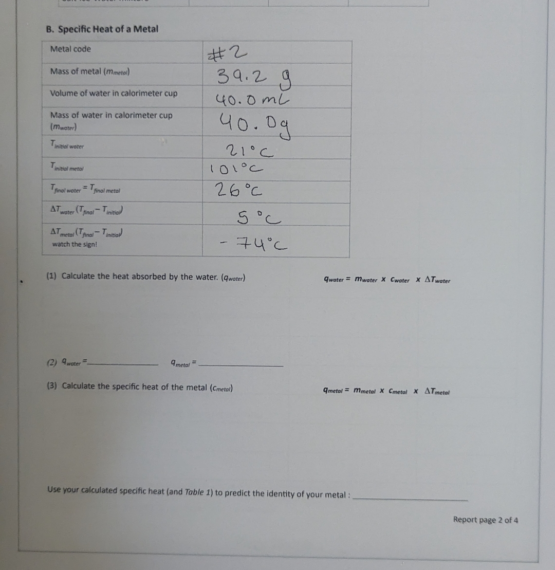 B. ﻿Specific Heat of a Metal | Chegg.com