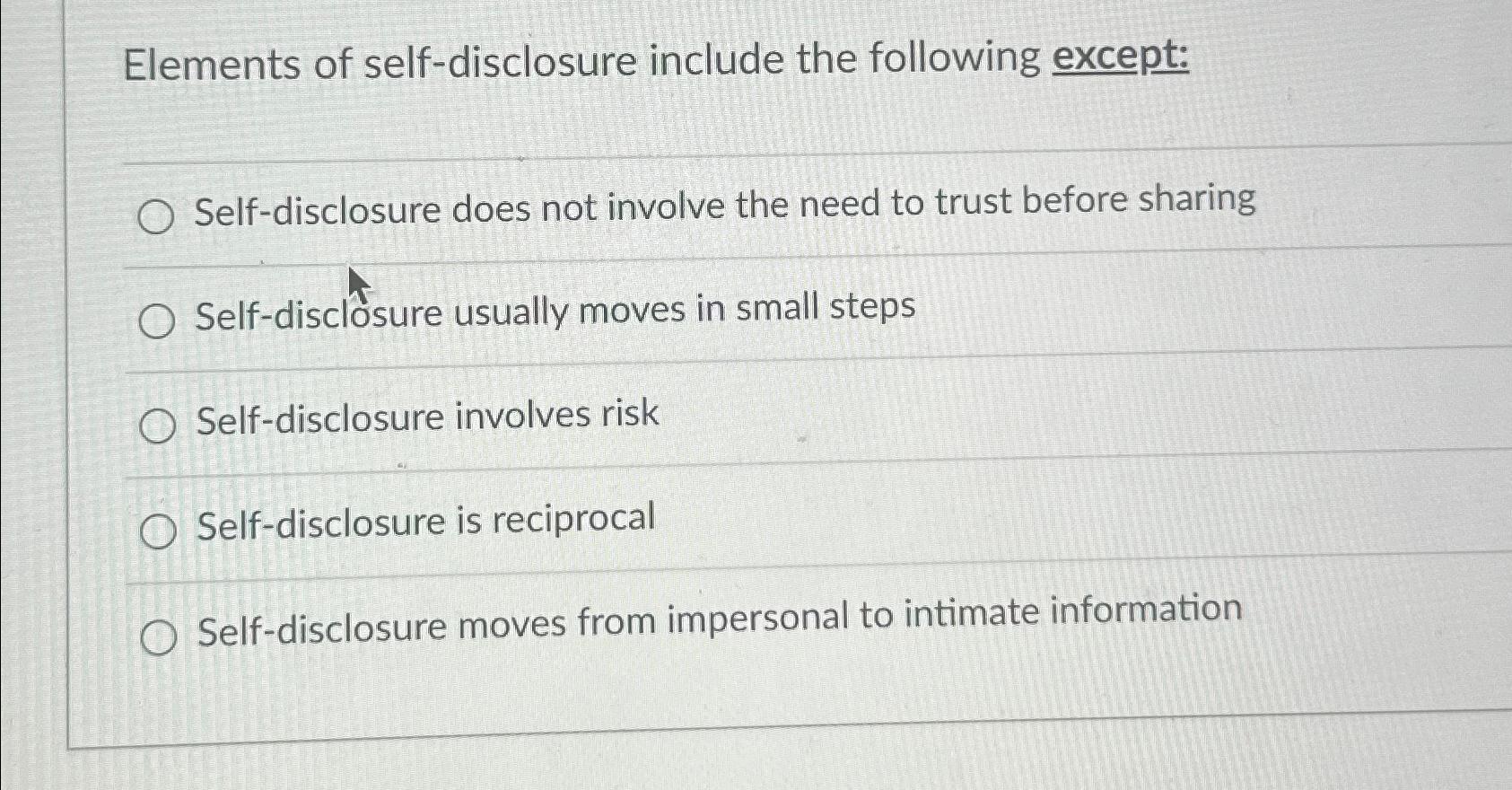 Solved Elements of self-disclosure include the following | Chegg.com