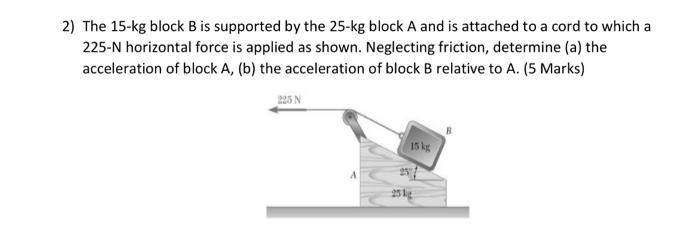 Solved 2) The 15−kg block B is supported by the 25−kg block | Chegg.com