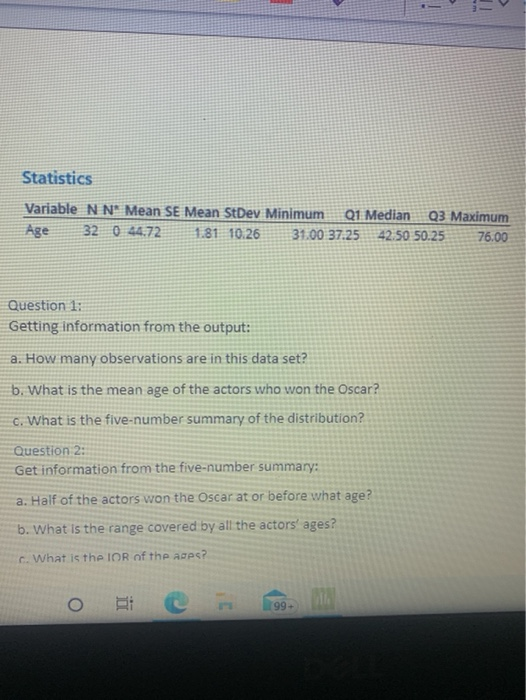 Solved i Statistics Variable N N Mean SE Mean StDev Minimum | Chegg.com
