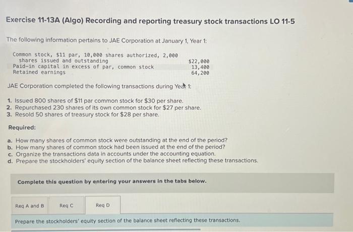 Solved Exercise 11-13A (Algo) Recording and reporting | Chegg.com