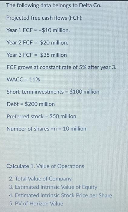 Solved Projected free cash flows (FCF): Year 1FCF=−$10 | Chegg.com