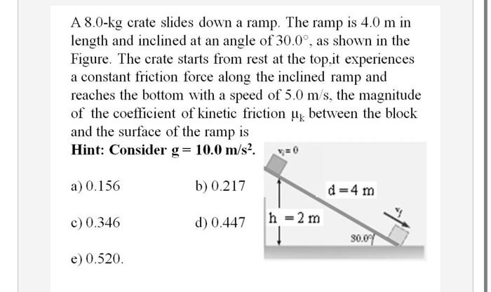 Solved A 8.0−kg crate slides down a ramp. The ramp is 4.0 m | Chegg.com