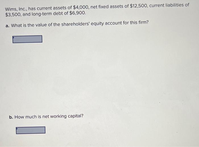 Solved Wims, Inc., has current assets of $4,000, net fixed | Chegg.com