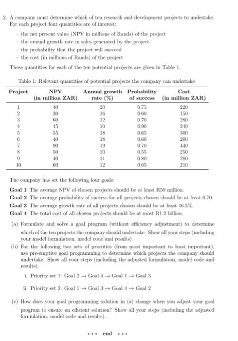 Solved 2. A company must determine which of ten research and | Chegg.com