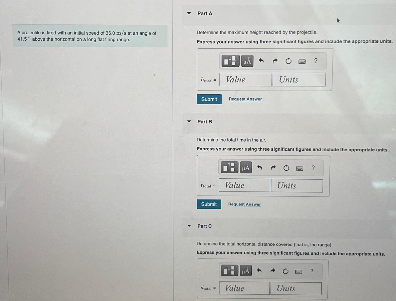 Solved Part AA projectile is fired with an initial speed of | Chegg.com
