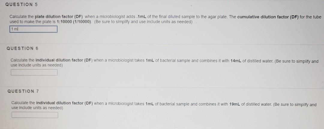Solved QUESTION 5 Calculate the plate dilution factor (DF) | Chegg.com
