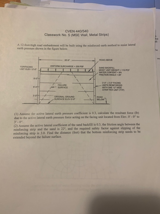CVEN 440/540 Classwork No. 5 (MSE Wall, Metal Strips) | Chegg.com