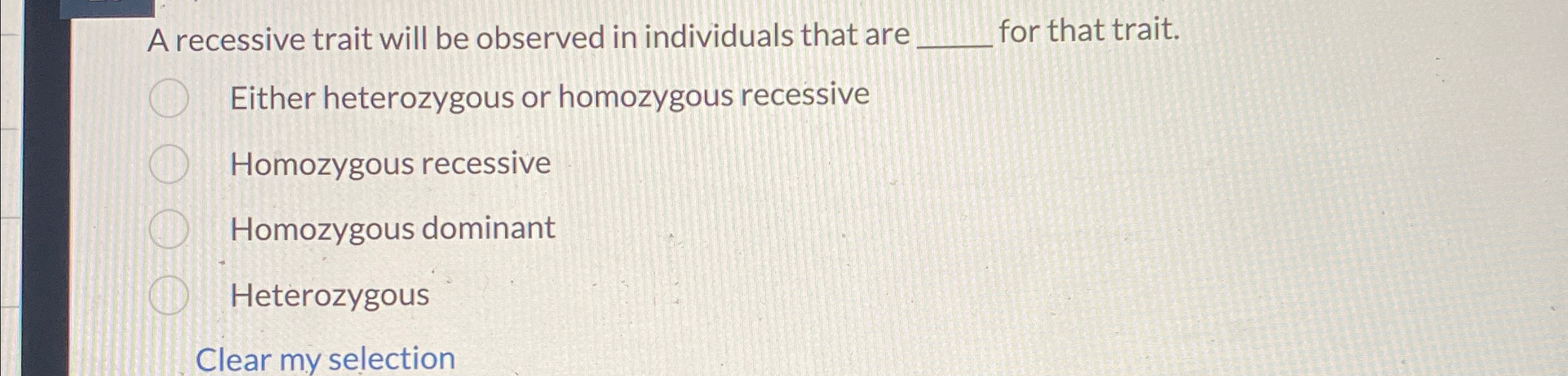 Solved A recessive trait will be observed in individuals | Chegg.com