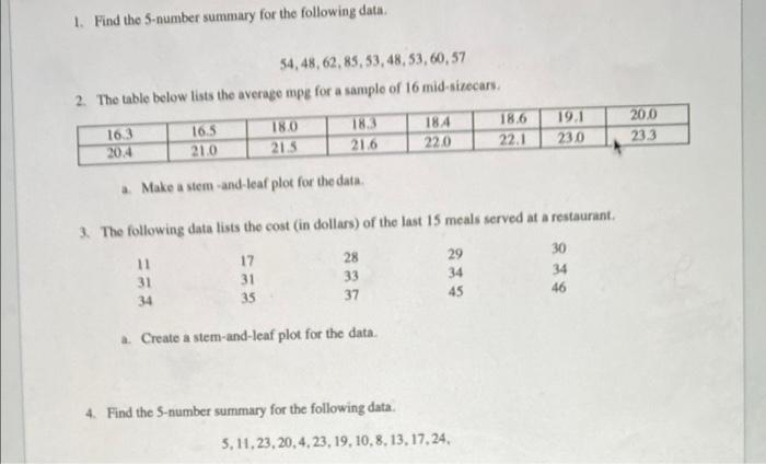 Solved 1. Find the 5-number summary for the following data | Chegg.com