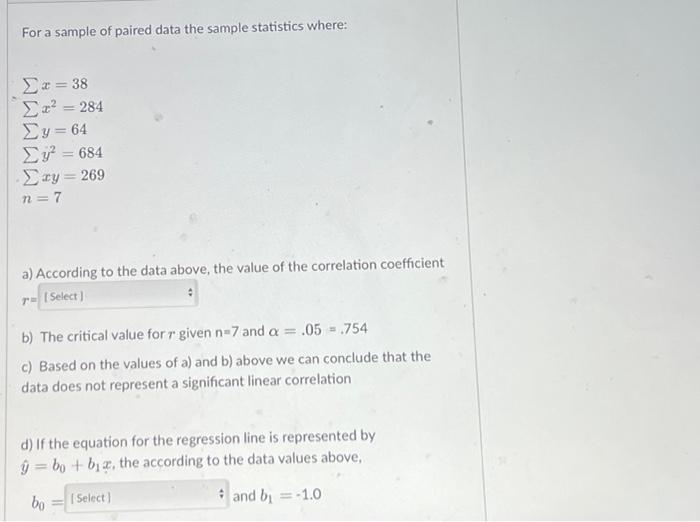 Solved For a sample of paired data the sample statistics | Chegg.com