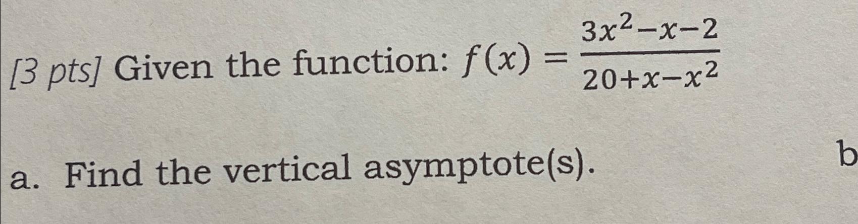 Solved [3 ﻿pts] ﻿Given the function: f(x)=3x2-x-220+x-x2a. | Chegg.com