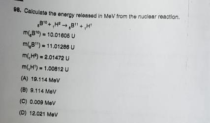 Solved 98. Calculate the energy released in MeV from the | Chegg.com