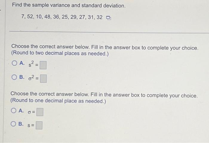 Solved Find the sample variance and standard deviation. | Chegg.com