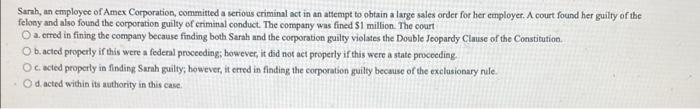 Solved Sarah, an employee of Amex Corporation, committed a | Chegg.com Solved Sarah, an employee of Amex Corporation, committed a | Chegg.com