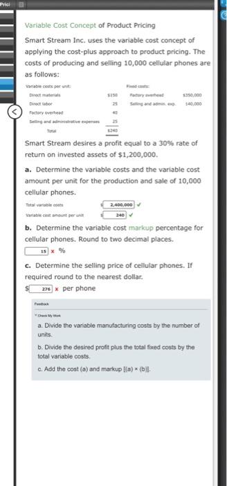 Solved Variable Cost Concept of Product Pricing Smart Stream | Chegg.com