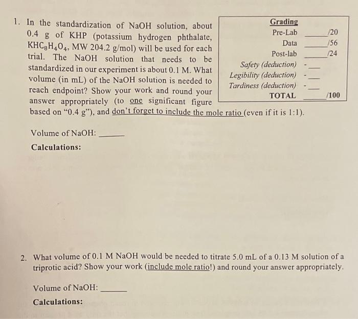 Solved 20 /56 24 1. In the standardization of NaOH solution, | Chegg.com