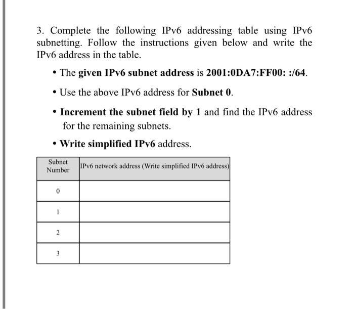 Solved IPv6 Subnet- Exercises 1. Complete the following IPv6 | Chegg.com