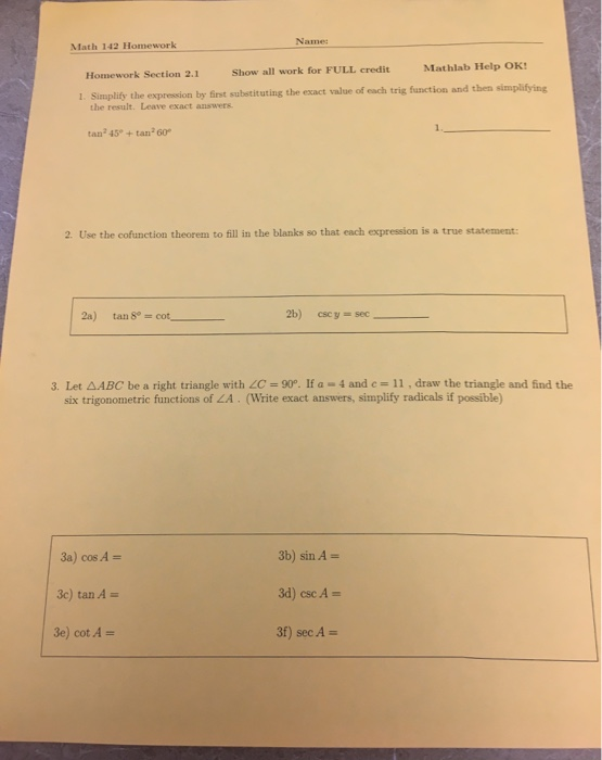 Solved Math 142 Homework Name Homework Section 2 1 Show All