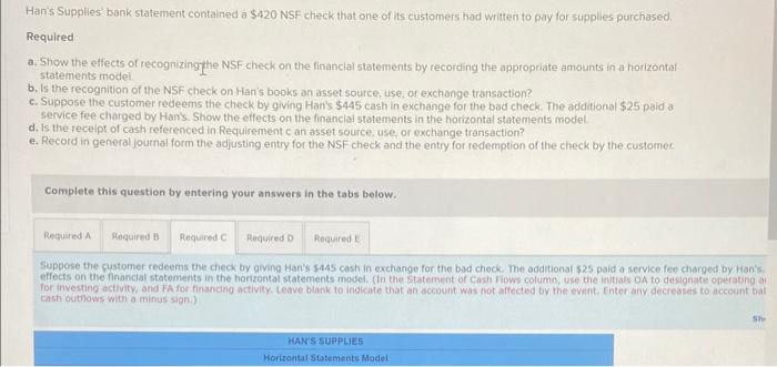 Solved Han's Supplies' bank statement contained a $420 NSF | Chegg.com