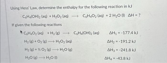 Solved Using Hess' Law, determine the enthalpy for the | Chegg.com