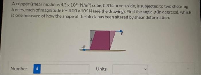 Solved A copper (shear modulus 4.2×1010 N/m2 ) cube, 0.314 m | Chegg.com