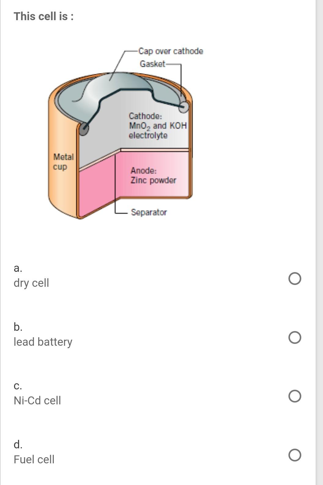 Solved This cell is : -Cap over cathode Gasket Cathode: Mno, | Chegg.com