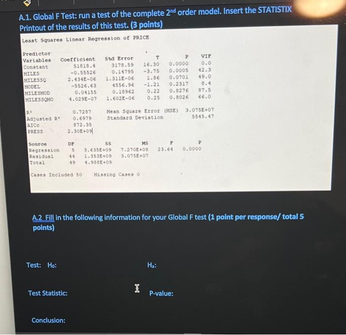 Solved A.1. Global F Test: run a test of the complete 2nd | Chegg.com