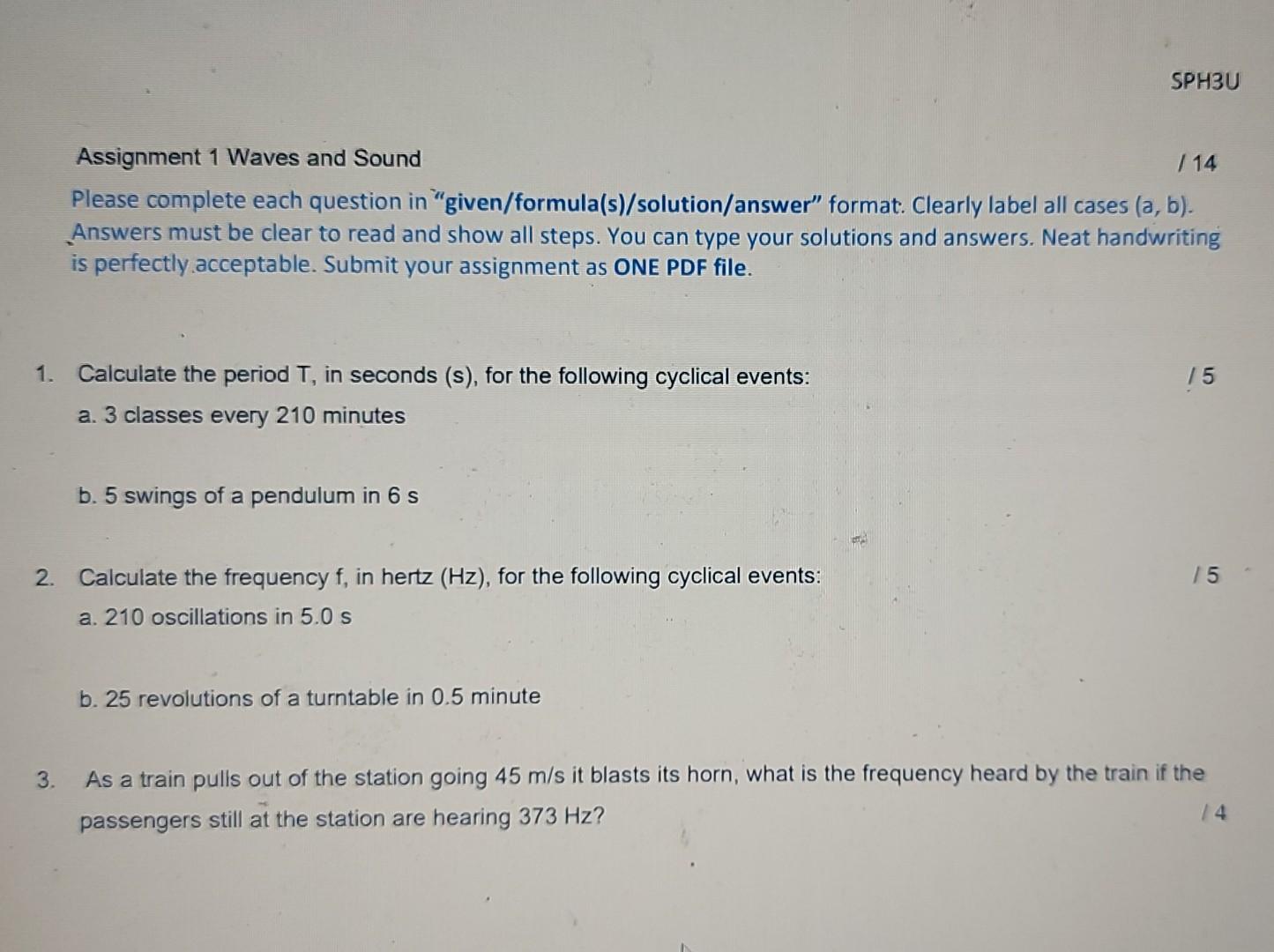 Solved Assignment 1 Waves and Sound /14 Please complete each | Chegg.com