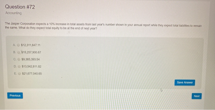 Solved Question #72 Accounting The Jasper Corporation | Chegg.com