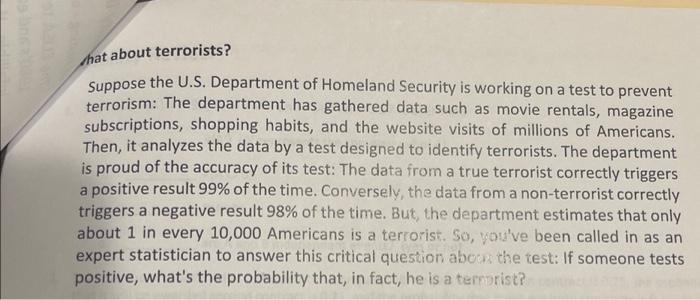 Solved what about terrorists? Suppose the U.S. Department of | Chegg.com