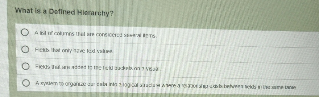 Solved What is a Defined Hierarchy?A list of columns that | Chegg.com