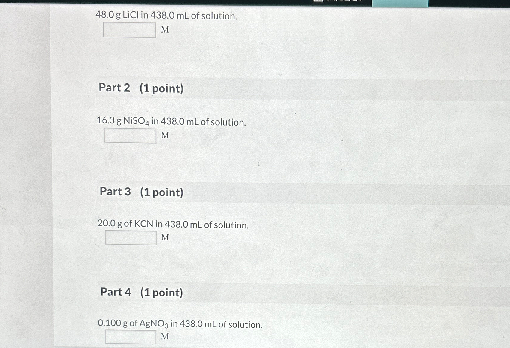 Solved Calculate molarity for each of the following | Chegg.com