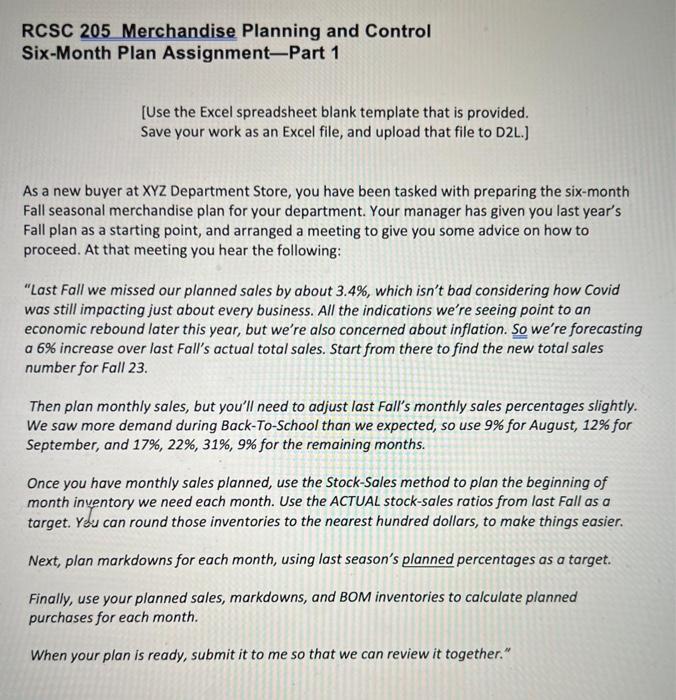Solved RCSC 205 Merchandise Planning and Control Six-Month | Chegg.com