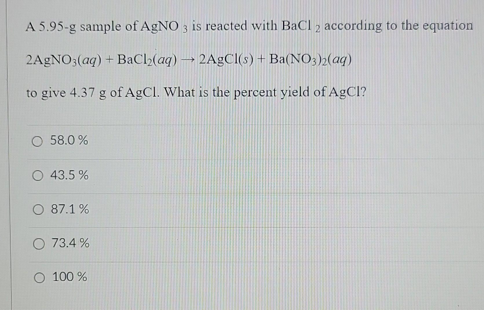 Solved A 5.95-g sample of AgNO3 is reacted with BaCl2 | Chegg.com