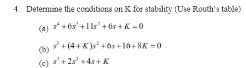 Solved Determine the conditions on K ﻿for stability (Use | Chegg.com