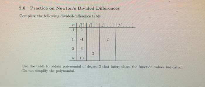 Solved 2.6 Practice on Newton's Divided Differences Complete | Chegg.com