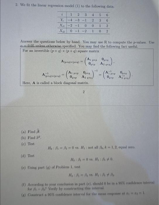 Solved 2. We fit the linear regression model (1) to the | Chegg.com