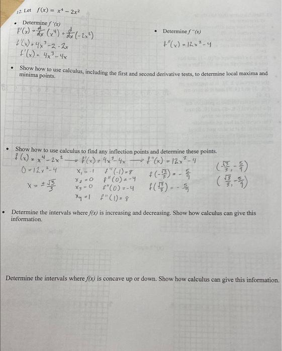 Solved 12. Let f(x)=x4−2x2 - Show how to use calculus, | Chegg.com